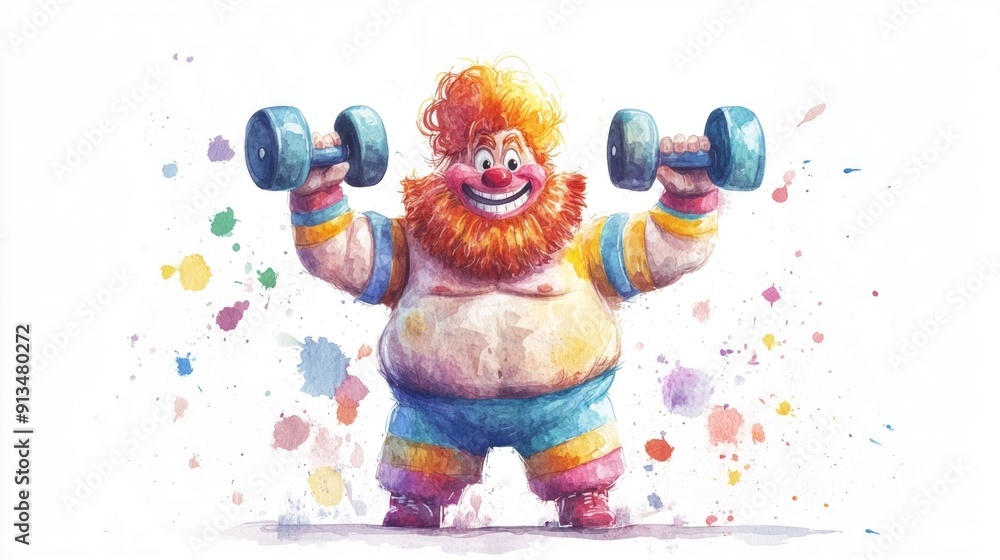 Watercolor depicting a muscular athletic circus character lifting heavy ...