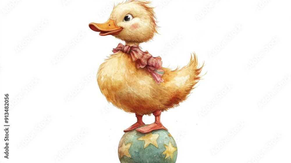 Playful and whimsical watercolor of a cute circus duck character ...