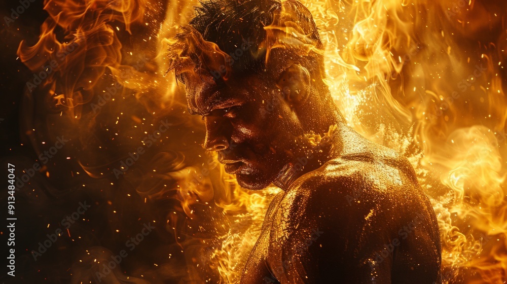 Boxer in a Fiery Arena: Capture the intensity of a boxer in a fiery ...