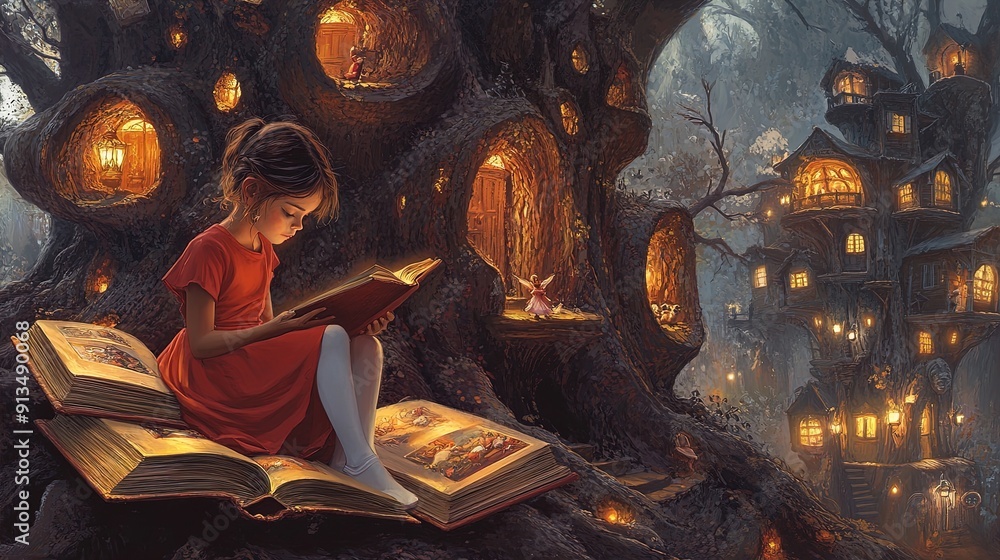 Enchanting Reading Escape: A Young Girl in a Dreamy Forest Setting with ...