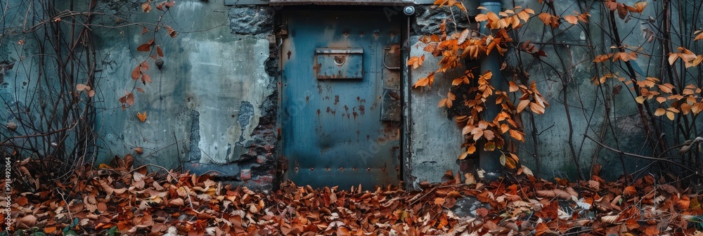 Steel door of underground bomb shelter hidden beneath dry leaves ...