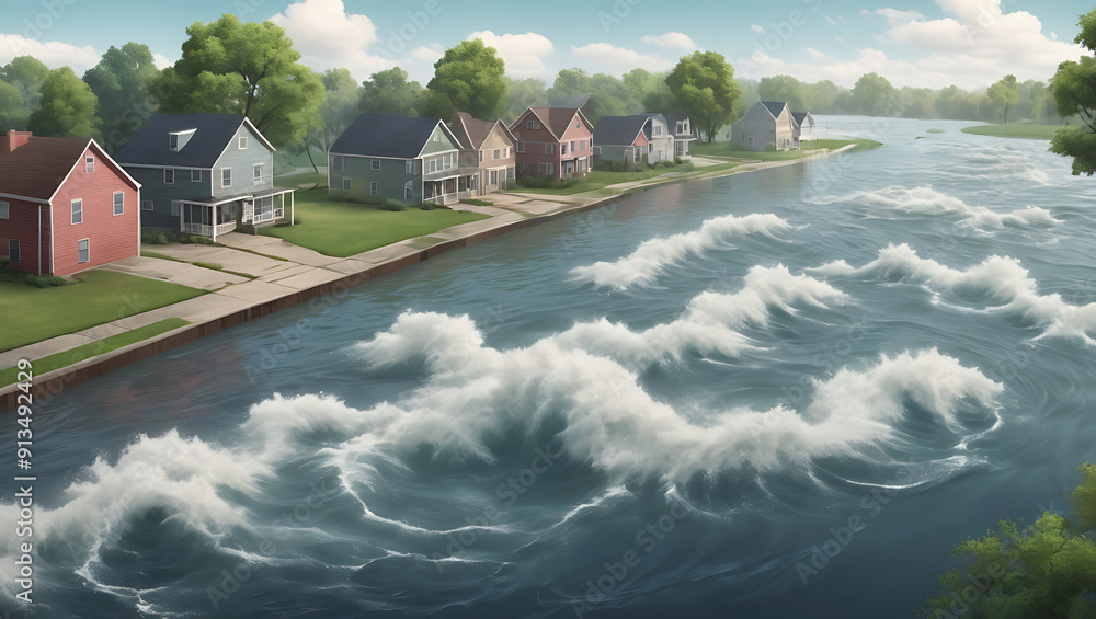 Detailed Illustration of a Flooded Area with Rising Water Levels ...