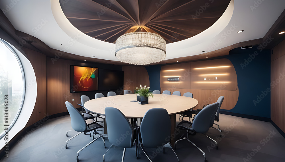 Modern meeting room with conference table and chairs, gray slat wall ...