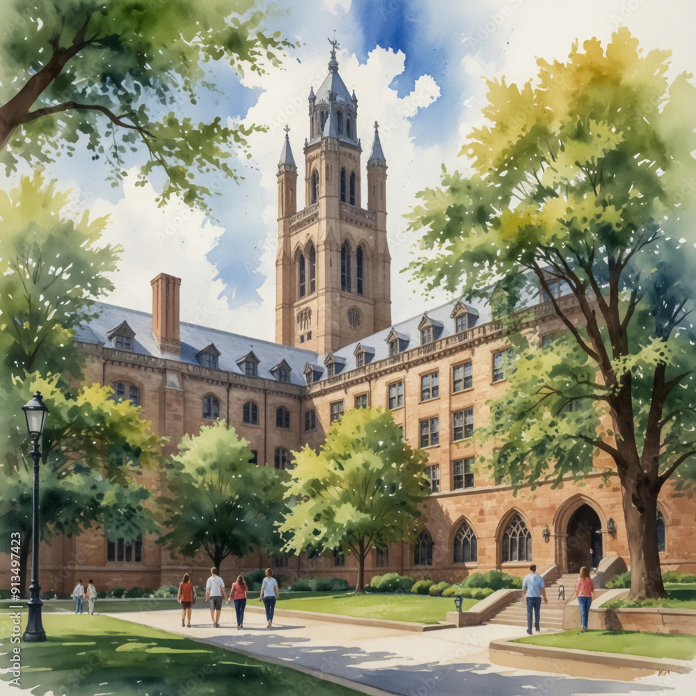 Watercolor illustration of Yale University in New Haven, Connecticut ...