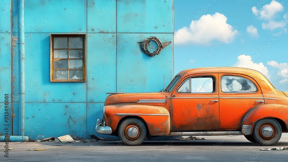 Vintage car with dented door in junkyard, rusty and neglected. Stock ...