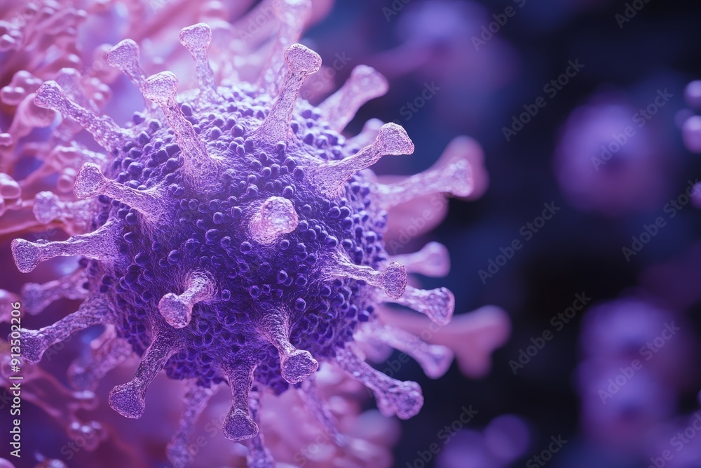 Macro shot of a flu virus particle attaching to a cell, illustrating ...