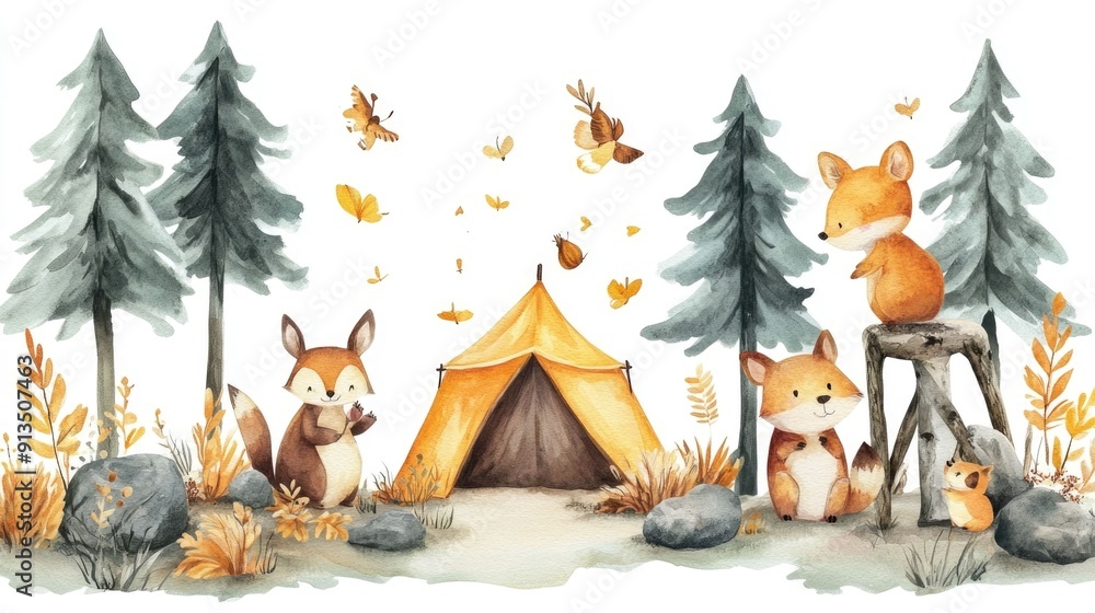 Whimsical watercolor depicting a cozy camping scene in the forest with ...