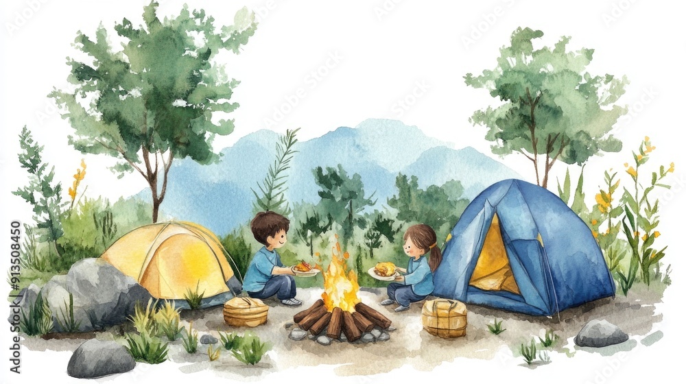 Charming Watercolor Depicting a Cozy Camping Scene with Family Gathered ...