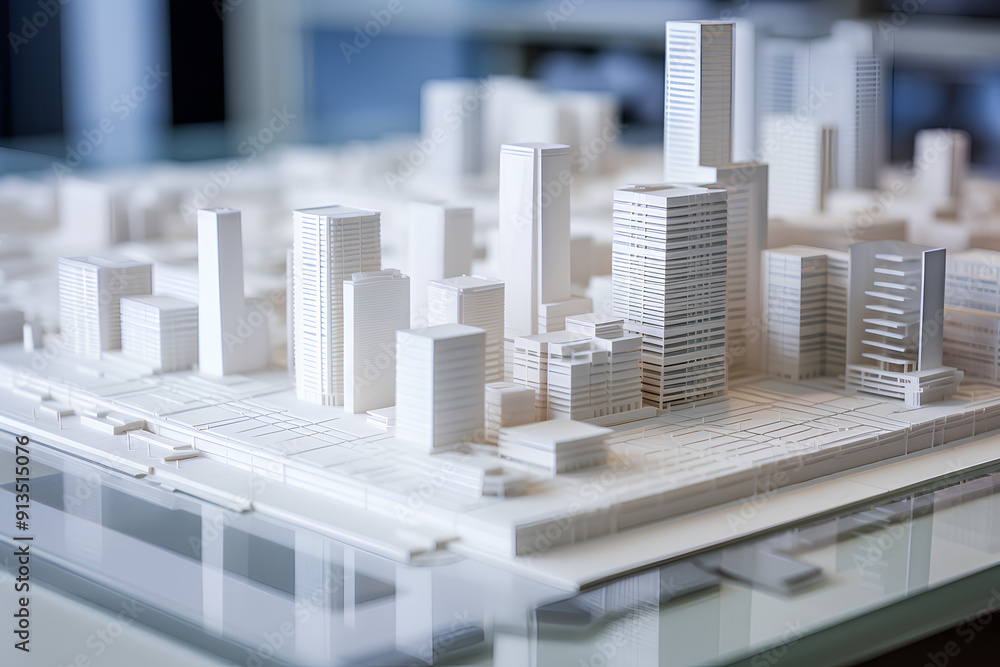 Closeup of 3D white foam architectural scale model of skyscraper ...