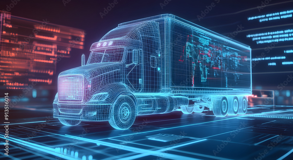 A Semi-Truck Shown in a Wireframe Hologram with Data Points Stock ...