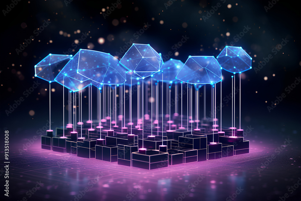 Cloud computing database design with neon plexus ton and cloud icon 3d ...