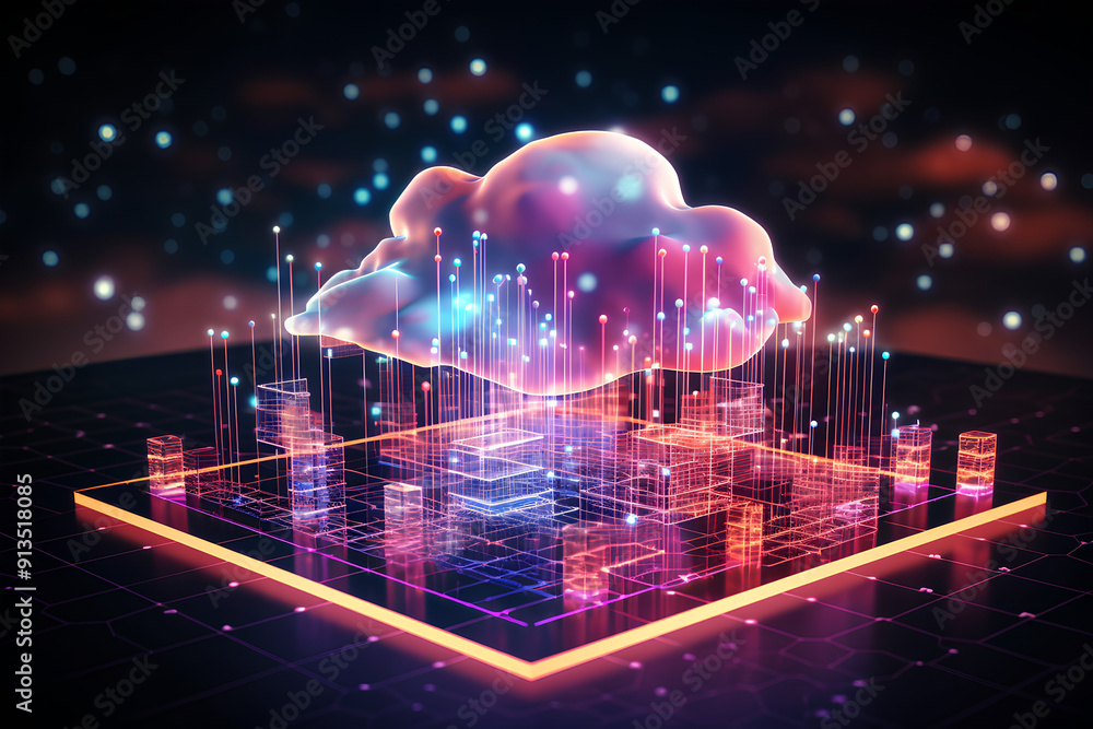 Cloud computing database design with neon plexus ton and cloud icon 3d ...