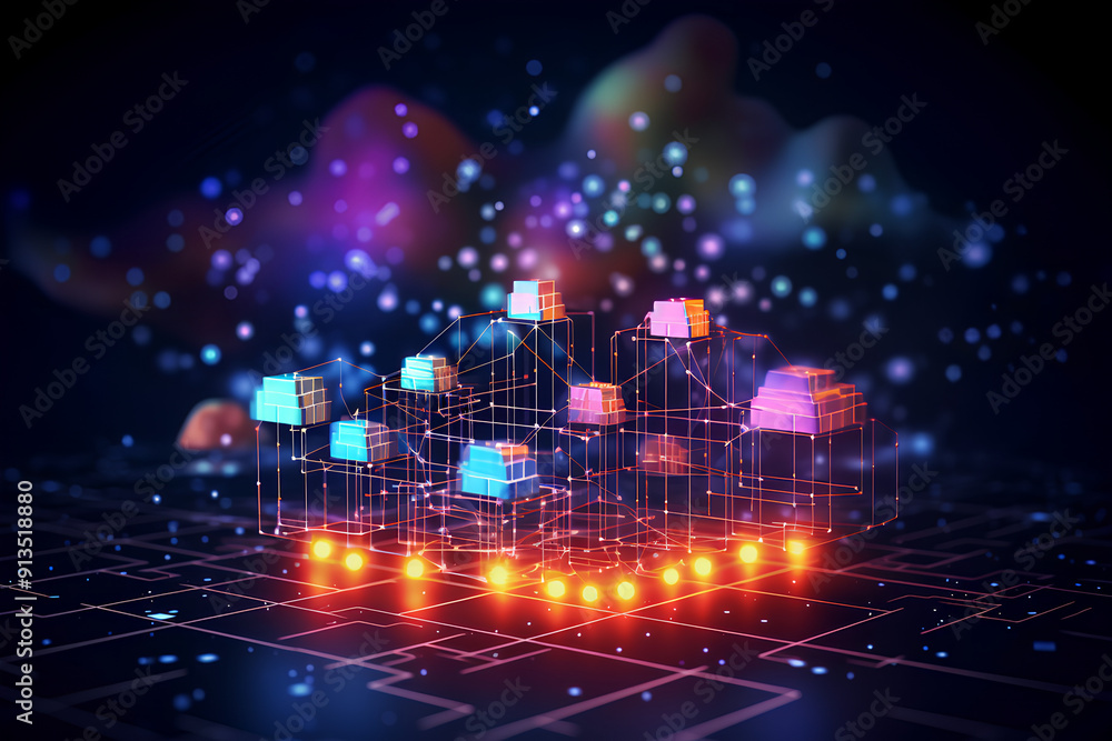 Cloud computing database design with neon plexus ton and cloud icon 3d rendering. Cloud ...