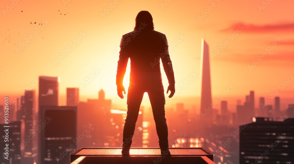 A dystopian hero, clad in sleek leather armor, stands atop a crumbling ...