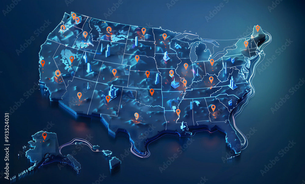 A high-tech, illuminated 3D map of the United States, showcasing ...