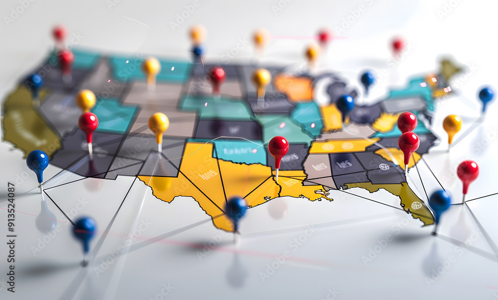 A high-tech, illuminated 3D map of the United States, showcasing ...