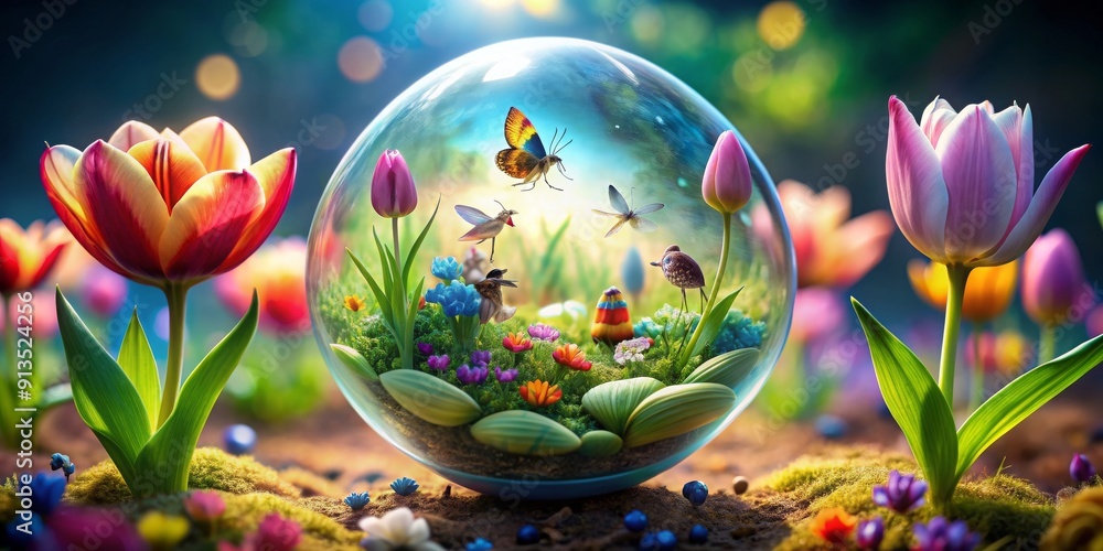 Microscopic creatures inhabiting a fantasy world inside a tulip lily ...