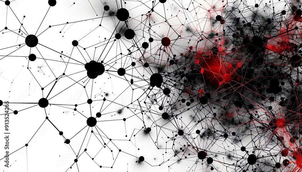 Abstract network of black and red nodes connected by lines, creating a ...