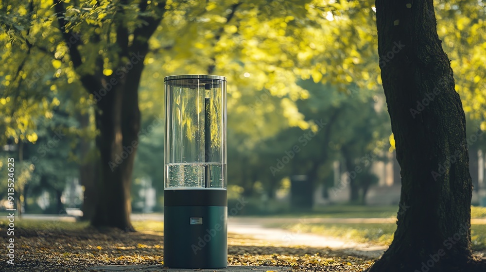 Simple glass water dispenser in a public park, showcasing a sleek ...