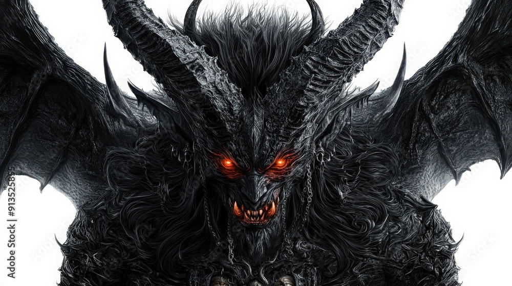 A fierce and menacing creature with dark fur, sharp horns, and glowing ...