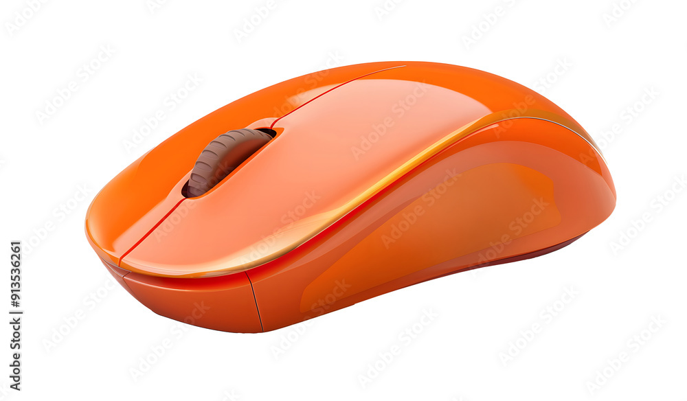 A sleek, modern orange computer mouse with a smooth, glossy finish. The ...