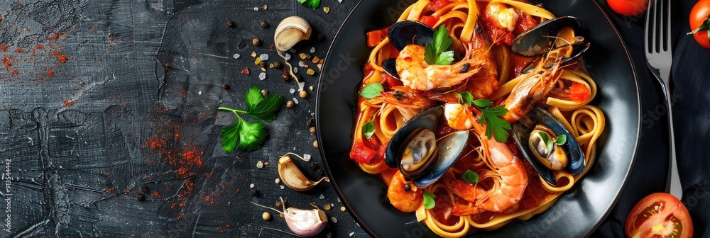 Pasta with Seafood in Tomato Sauce on Plate Seafood Dish with Michelin ...