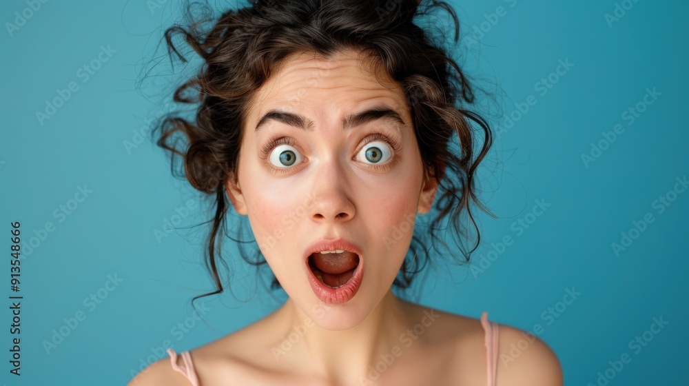 Surprised woman with wide-open eyes and mouth looking directly at the ...