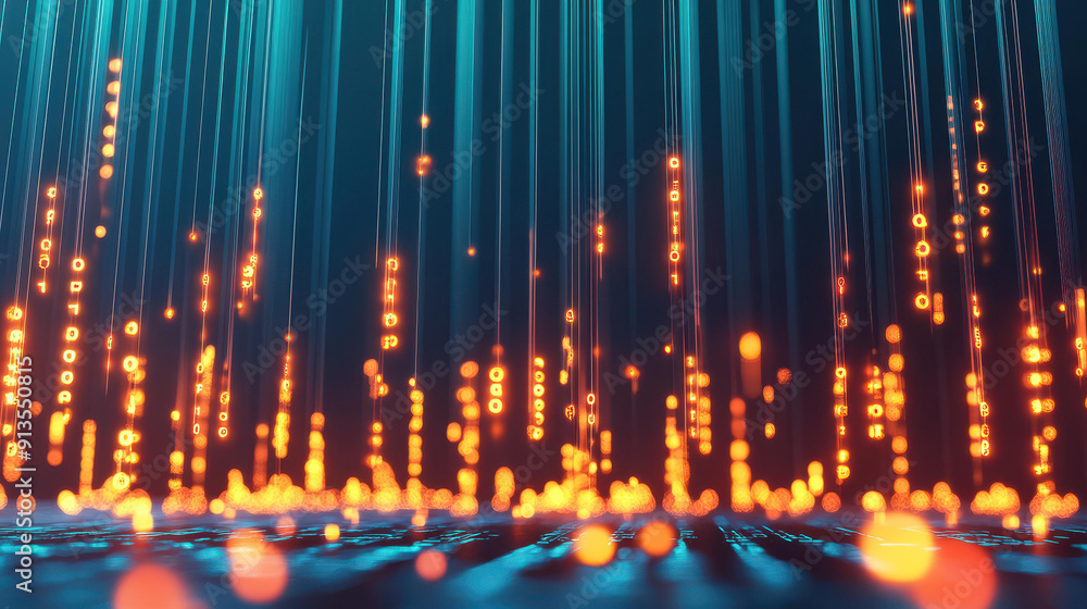 Bright binary code backdrop with animated digital particles and warm ...