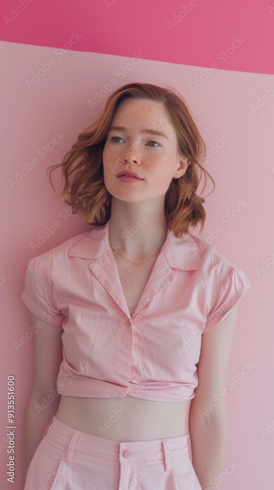 Woman in full-length, feeling embarrassed, her cheeks flushed and eyes ...