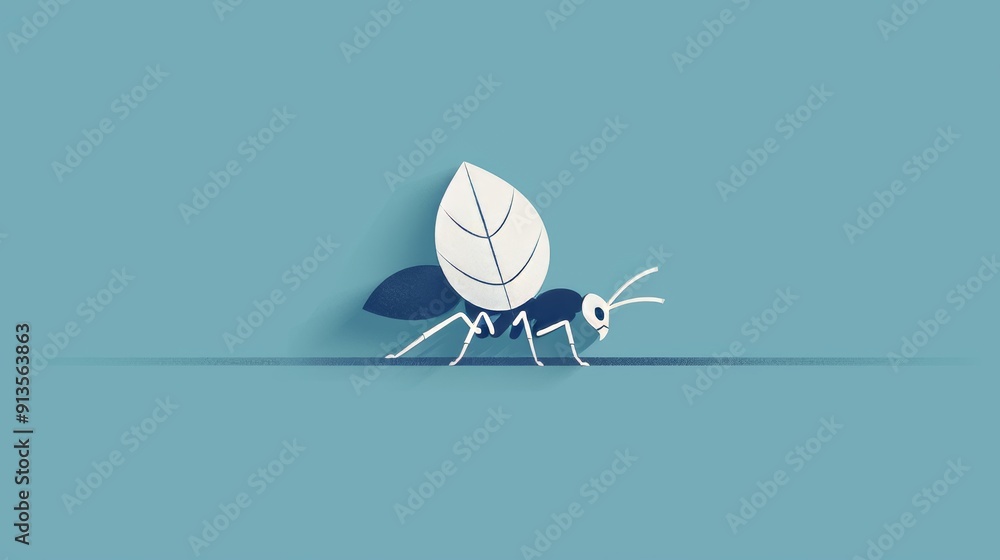 Simple illustration of an ant transporting a leaf, minimalist style ...