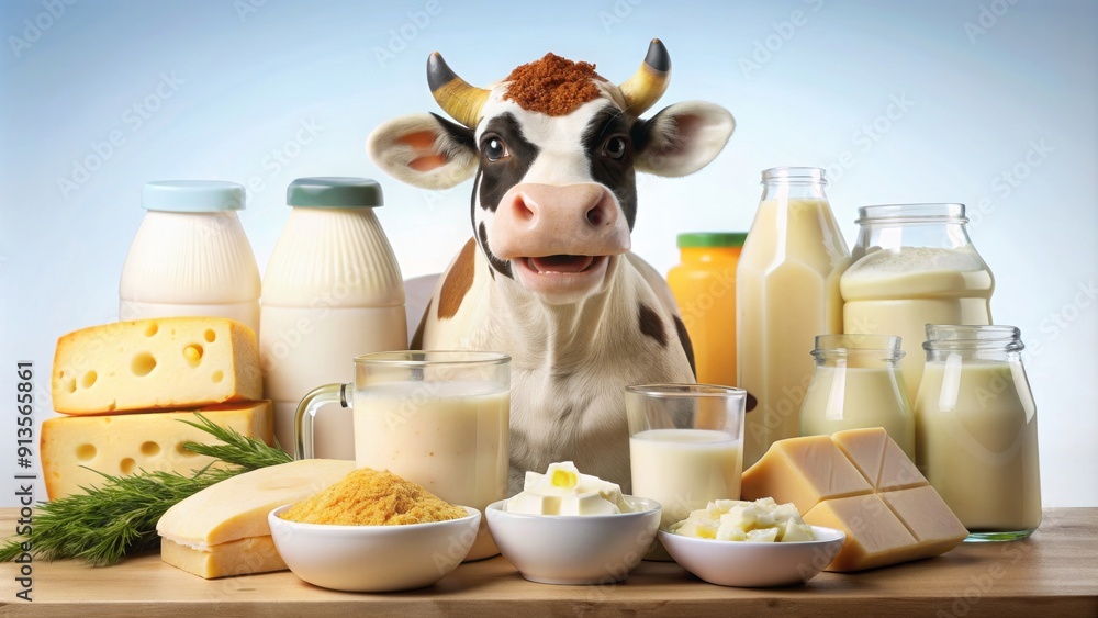 mascot cow surrounded by various dairy products like cream, cheese ...