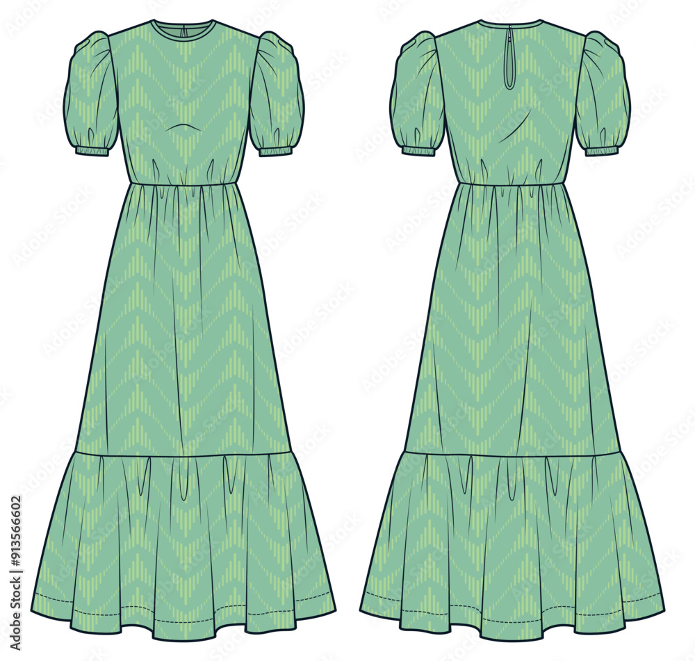 Tiered Maxi Dress technical fashion illustration, geometric pattern ...