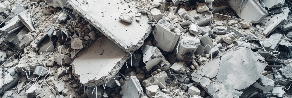 Destroyed concrete building with debris pile Fragmented concrete ...