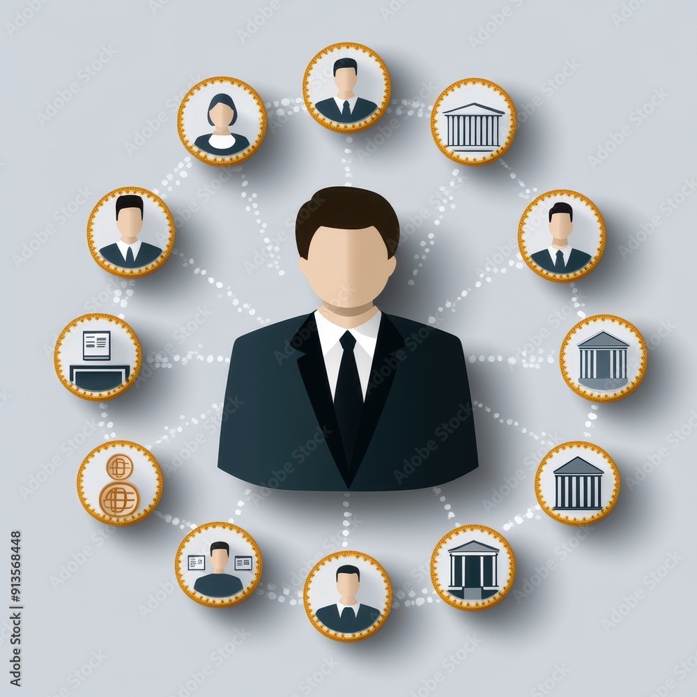 Business network illustration showing a central figure connected to ...