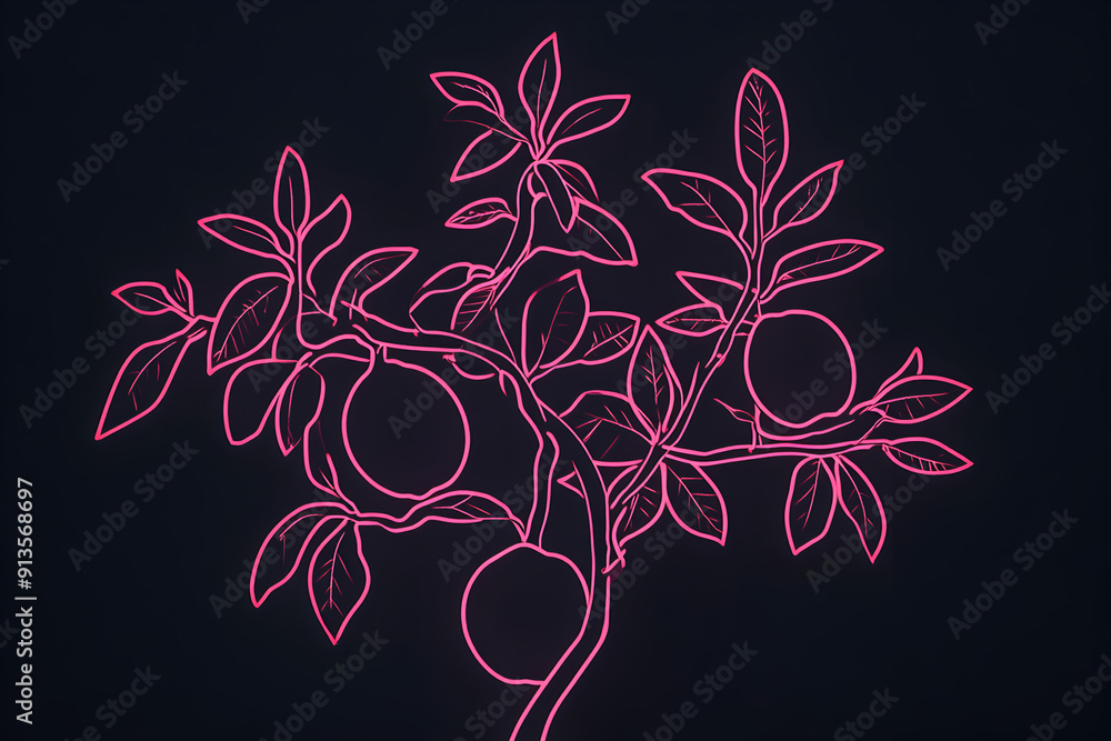 Neon pink outline of a satsuma tree with branches and leaves isolated ...