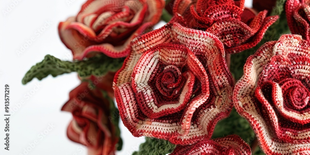 crocheted roses bouquet, red, striped, detailed realism, nature-based ...