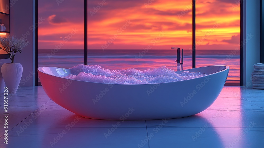 Luxurious freestanding bathtub filling with water, iridescent bubble ...