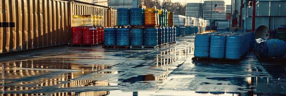 Storage of plastic tanks in warehouse with pallets on street Square ...