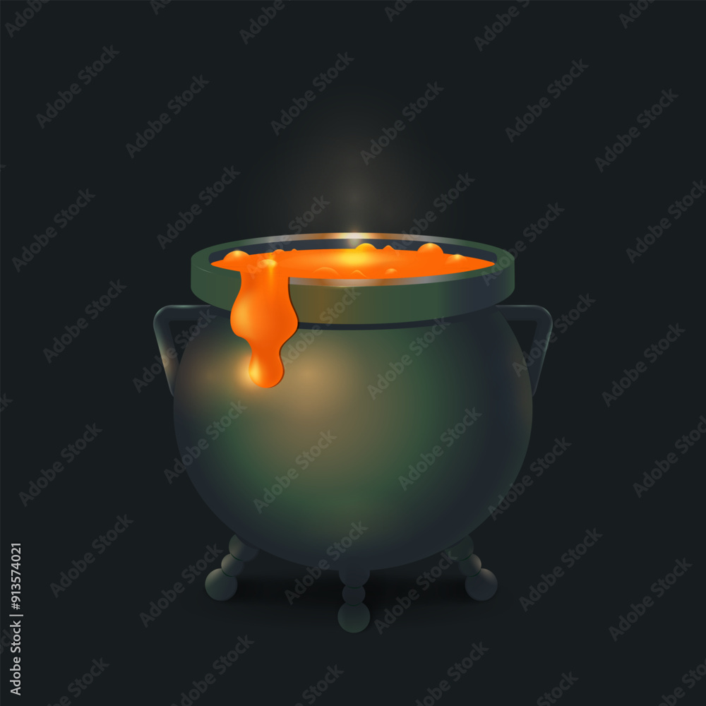 A cauldron with a magical orange potion for Halloween. Isolated on a ...