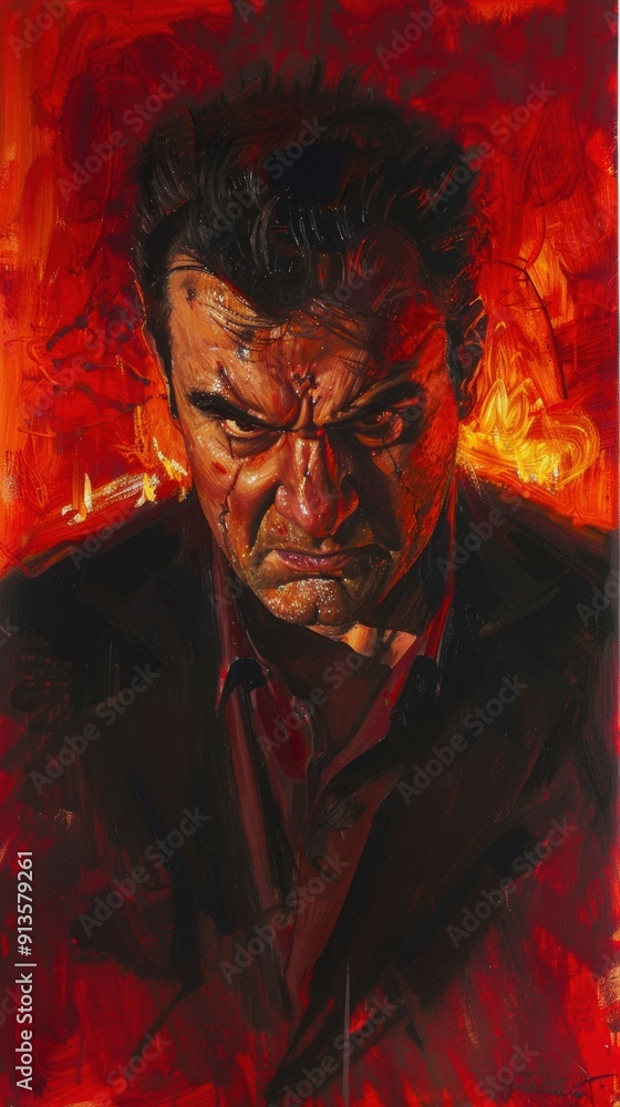 Angry man in full-length, scowling, his eyebrows furrowed and jaw ...