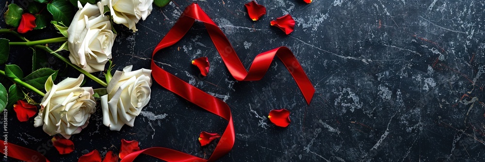 white roses, red ribbons, black granite background Stock Photo | Adobe ...