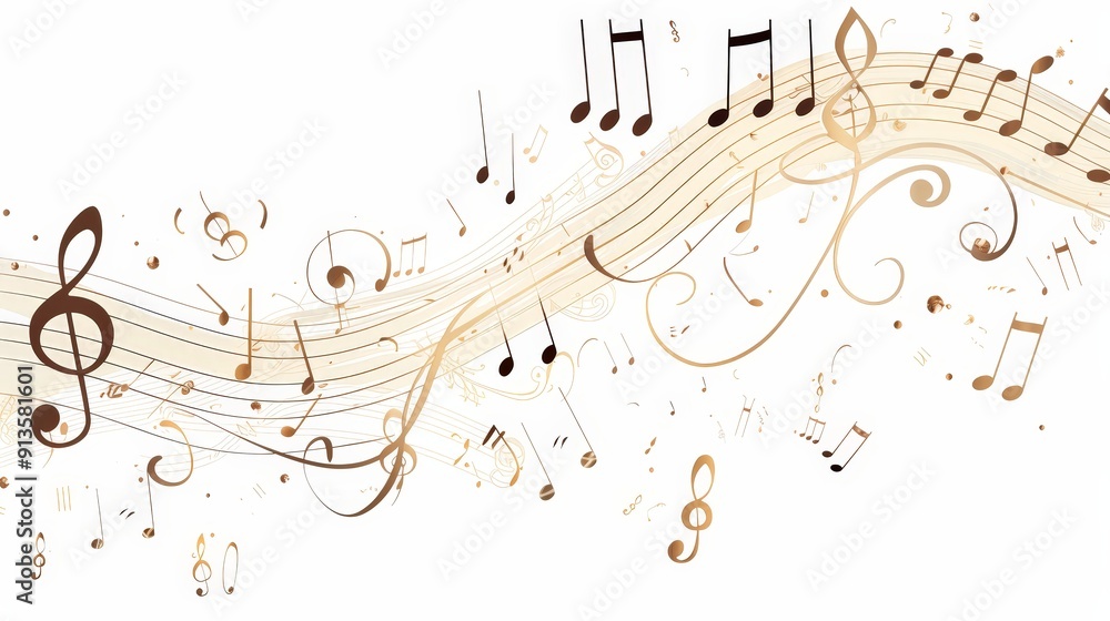 A detailed illustration of musical notes, including whole notes, half ...