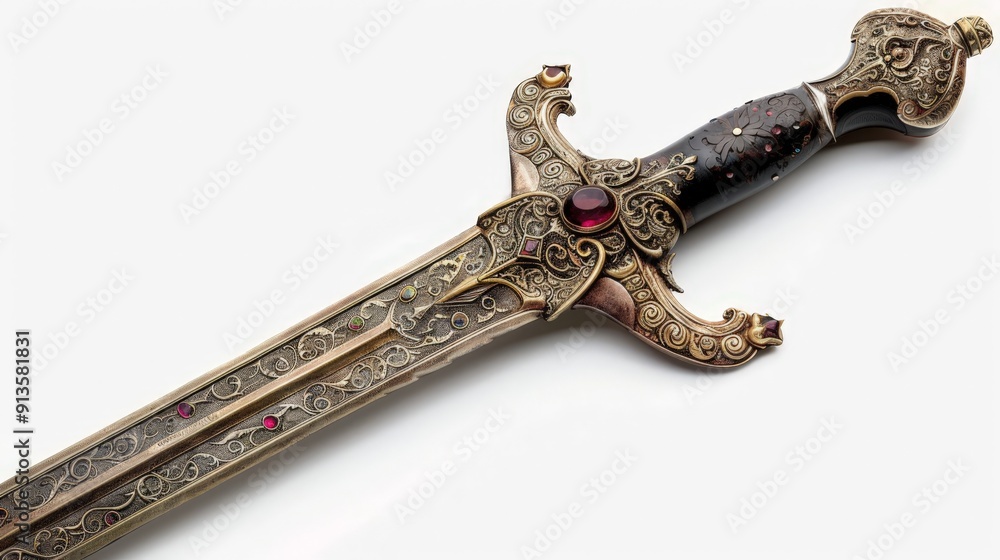 A fantasy-style sword with elaborate engravings and a gemstone ...