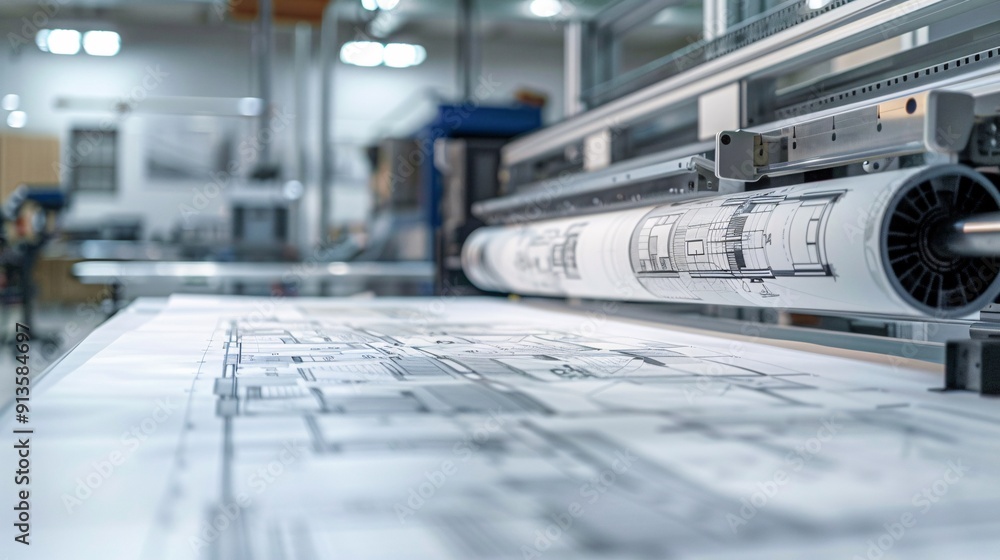 Architectural plans being printed by a large format printer onto a roll ...