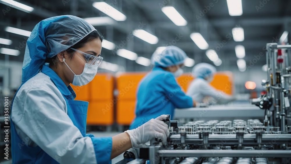 Female factory workers check machine systems at the industrial factory ...