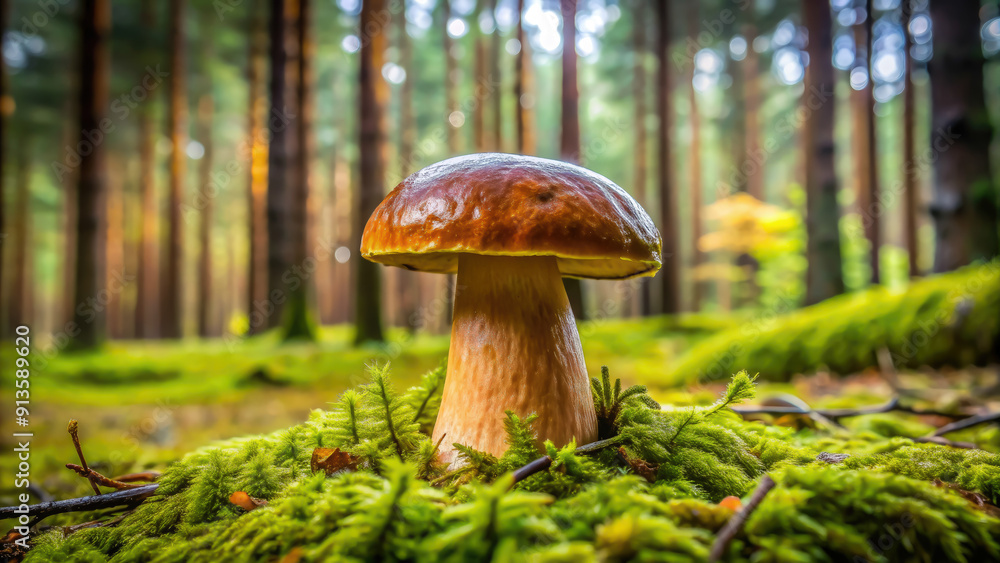 boletus in the autumn forest against the background of trees, yellow ...