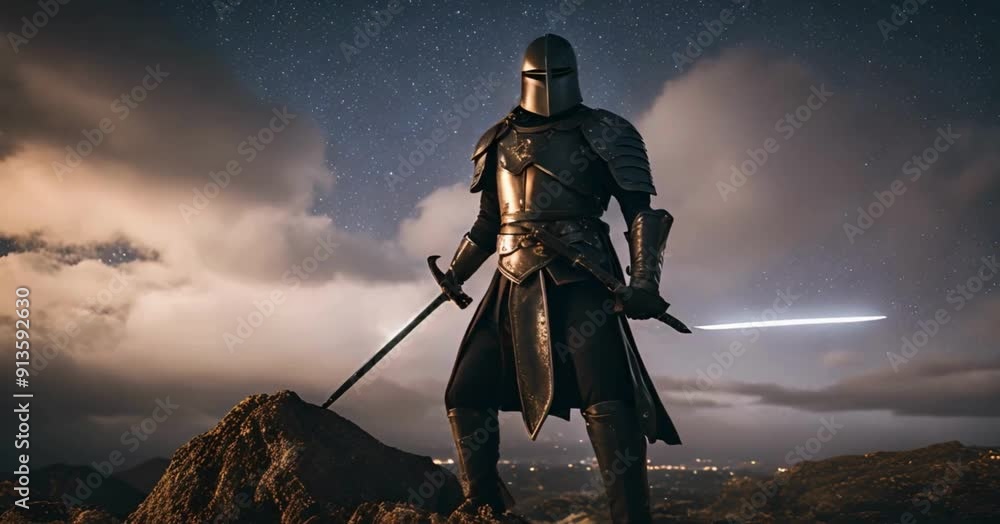 An intimidating crusader stands resolutely against a starry night sky ...