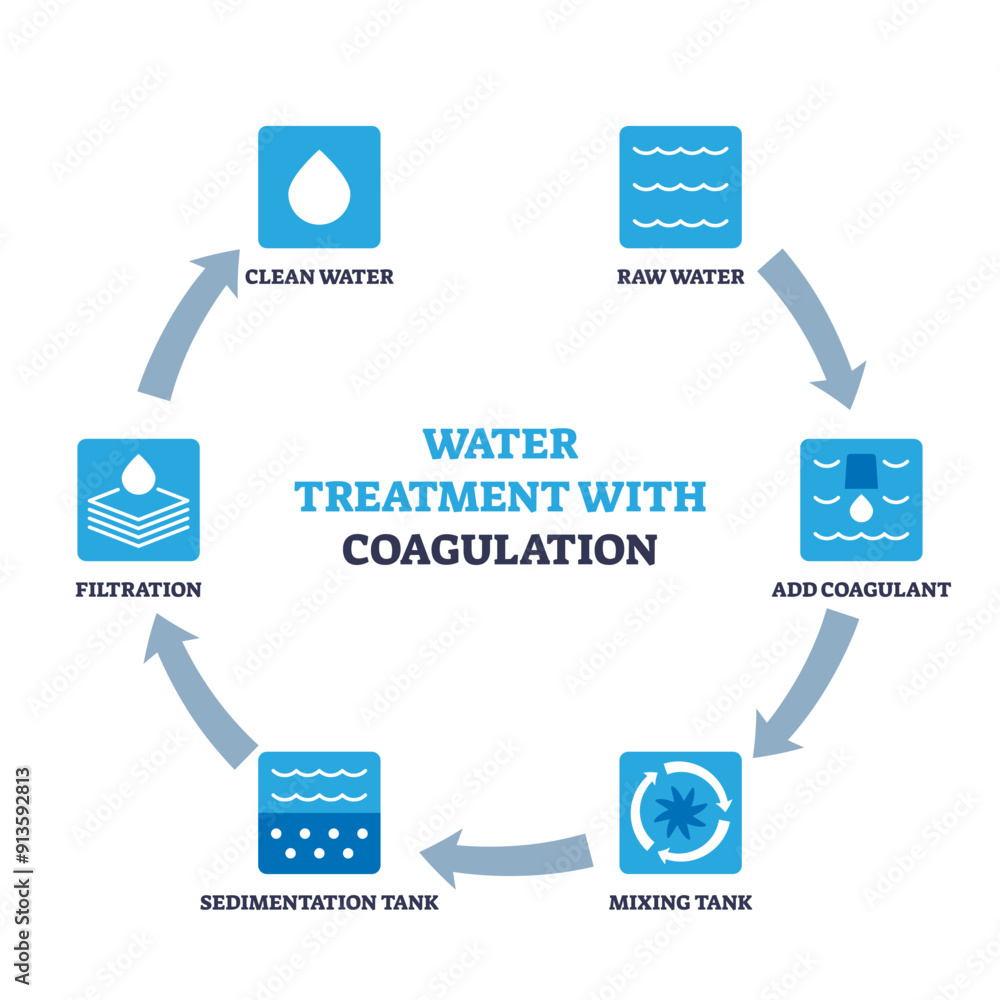 Water treatment method steps using coagulant for purification outline ...