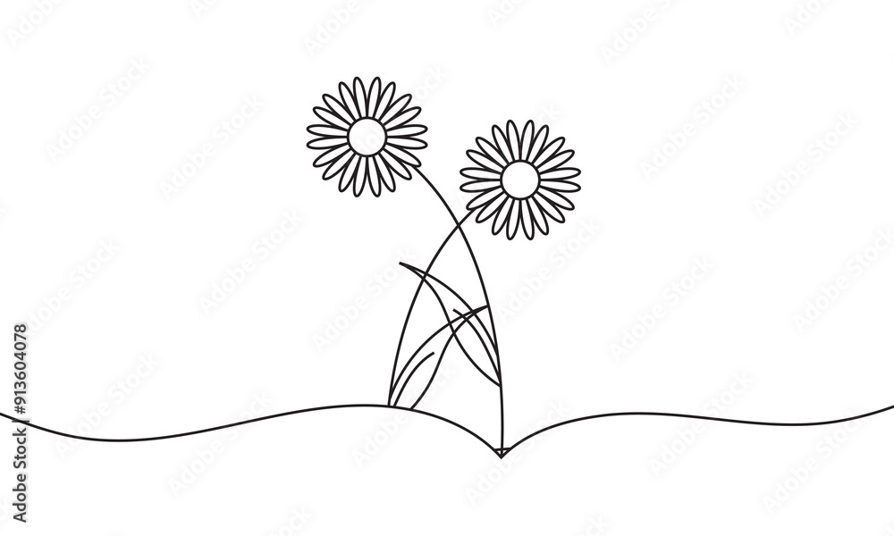 continuous single line drawing of daisy flower, line art vector ...