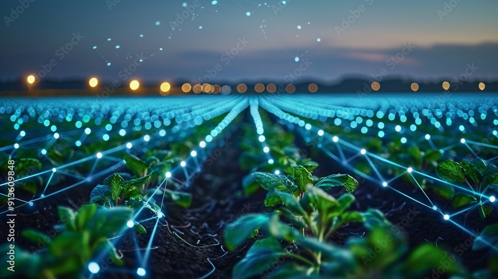 Smart farm at night with crop rows highlighted by a digital grid ...